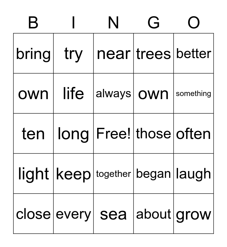 3rd Grade Sight Word Bingo Card