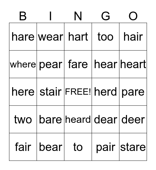 Homophone Bingo Card
