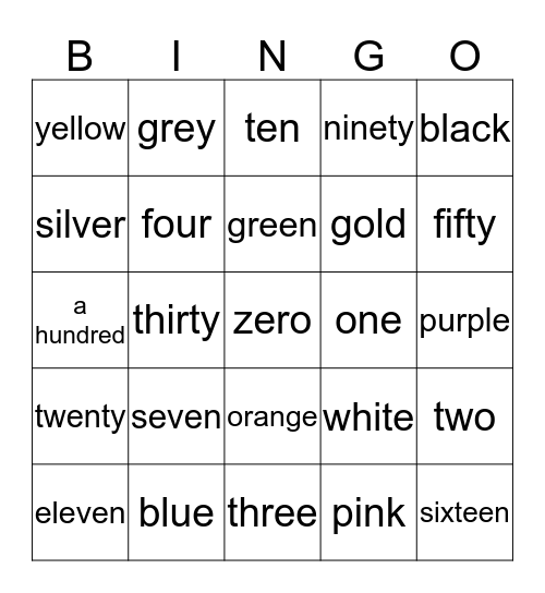 Colours and numbers Bingo Card