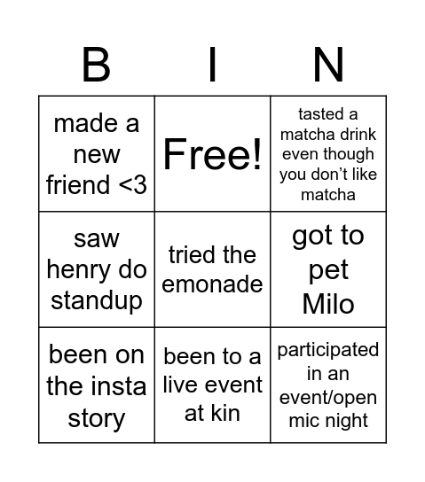 KIN Bingo Card