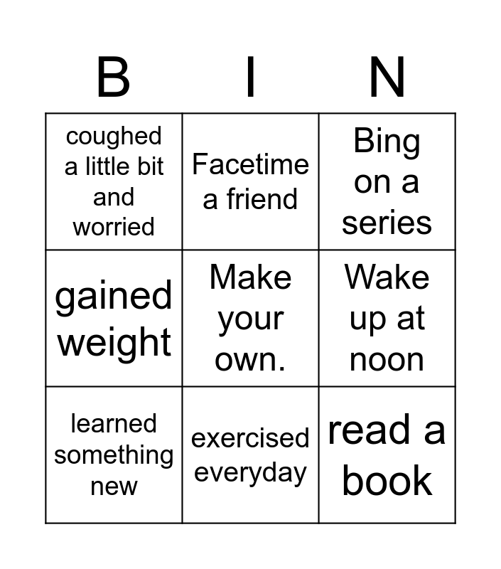 Social Distance Bingo Card