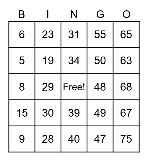 Traditional Bingo Card