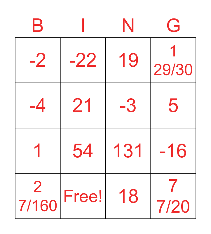 BING(O) Order of Operations Bingo Card