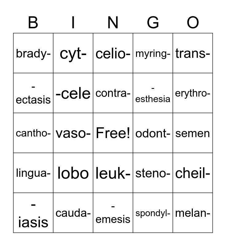 Medical Terms Bingo Card Medical Terms Bingo Card