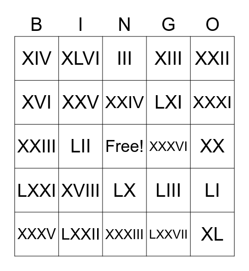 Roman Numerals Bingo Card Roman Numerals Bingo Card