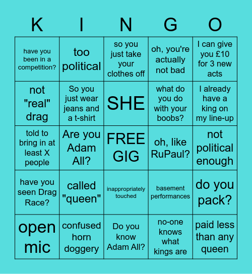 Drag King bingo Card