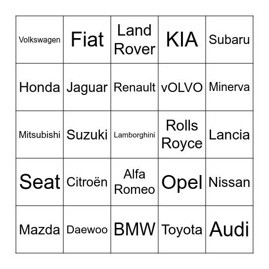 Automobile Bingo Card