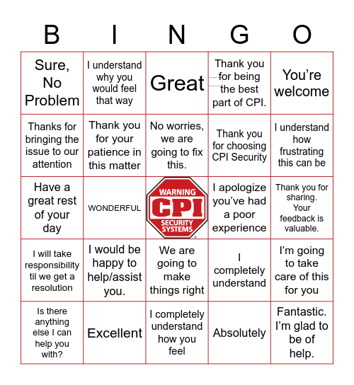 Customer Service Bingo Card Customer Service Bingo Card