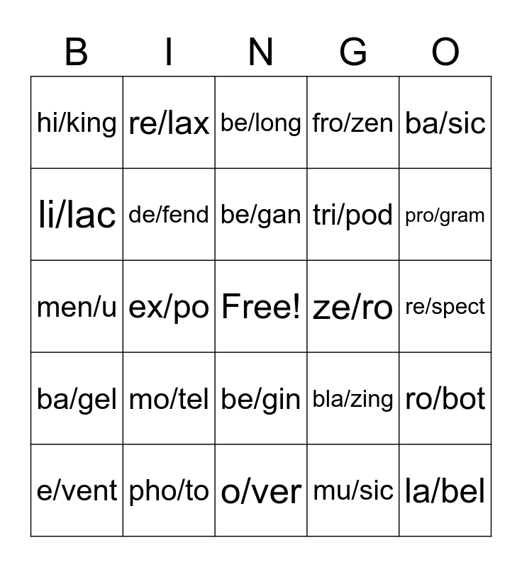 Two Syllable Words Bingo Card Two Syllable Words Bingo Card