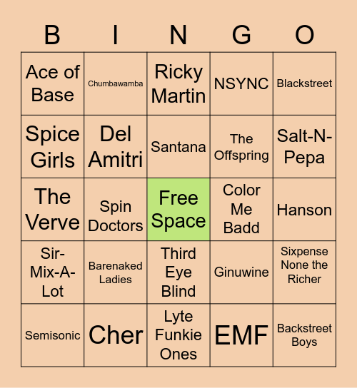90's Artists Bingo Card