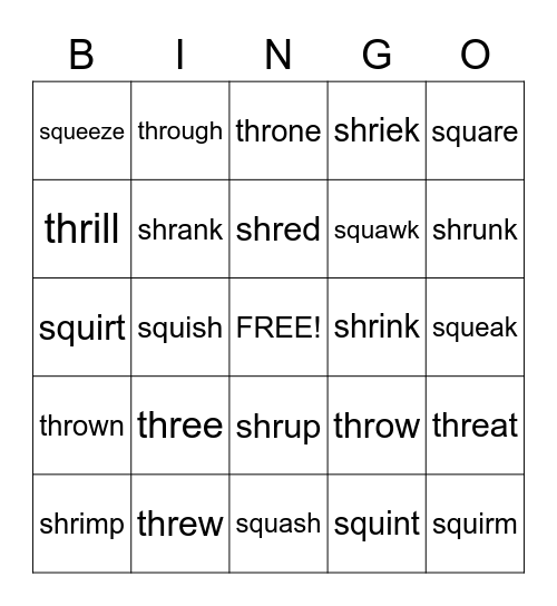 Consonant Diagraphs Plus-R-Blends andSQU(THR, SHR, SQU) Bingo Card