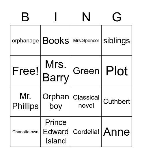 Anne of Green Gables Bingo Card