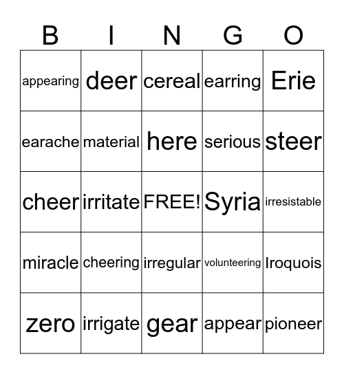 /EAR/ All Positions Bingo Card