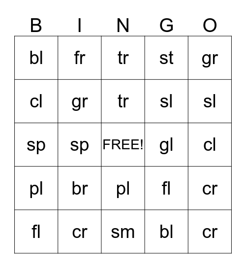 Consonant Blend Bingo Card