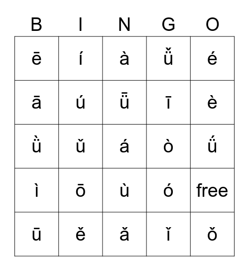 Pinyin Chinese Words Bingo Card