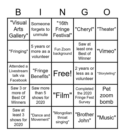 KC Fringe Bingo Game 1 Bingo Card