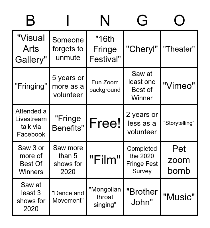 KC Fringe Bingo Game 1 Bingo Card