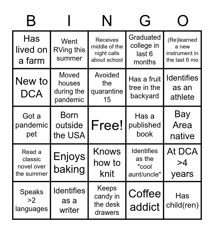 Get to Know DCA Staff Bingo Card