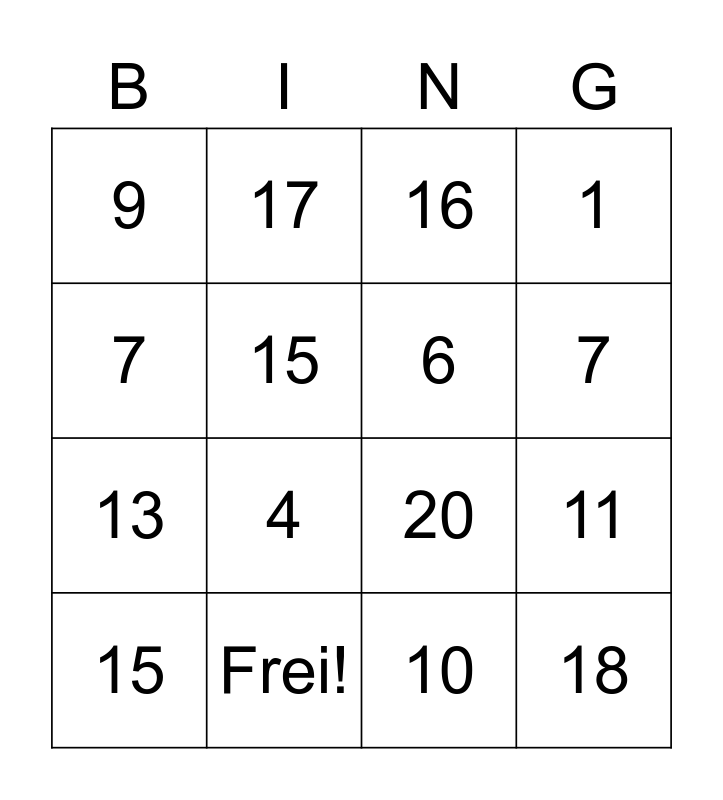 Numbers 0-20 Bingo Card