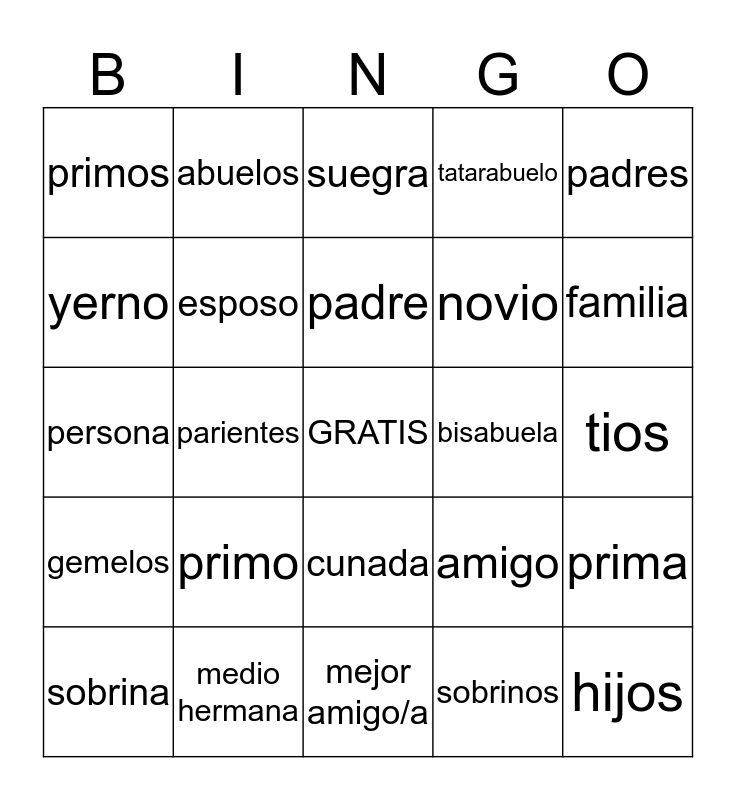 La Familia Bingo Card