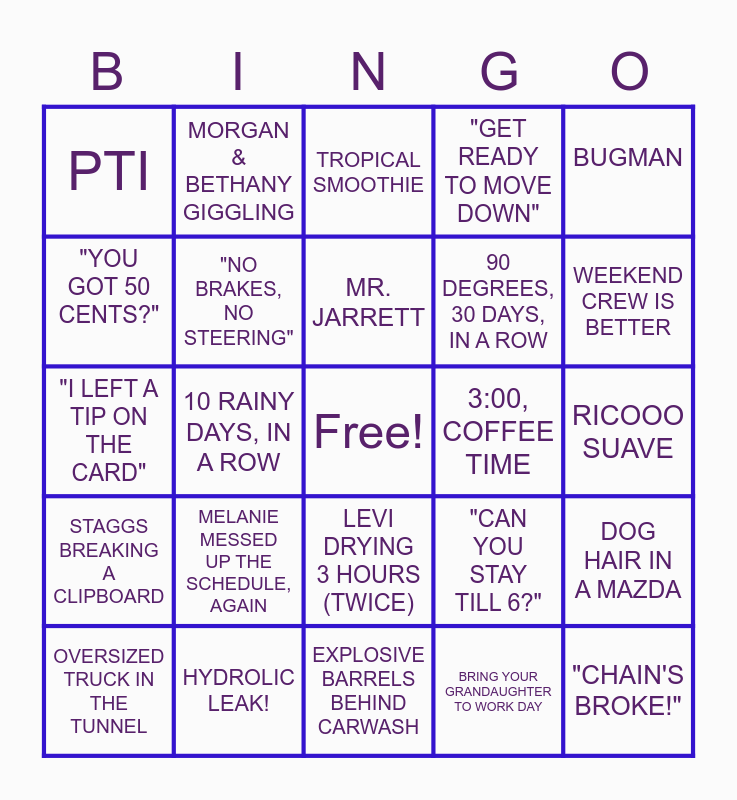 CARWASH Bingo Card