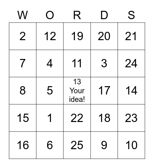 VERTICAL AND DIAGONAL WORD WORK BINGO Card
