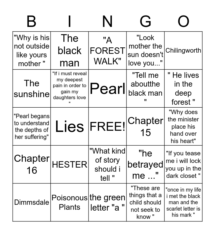 THE SCARLET LETTER Bingo Card