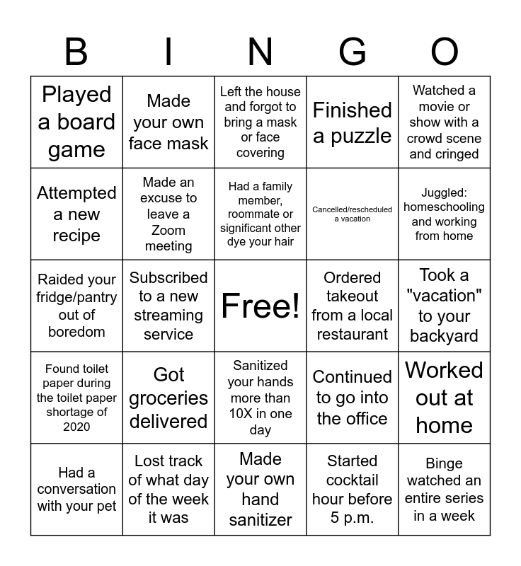 INIM Quarantine Bingo Card