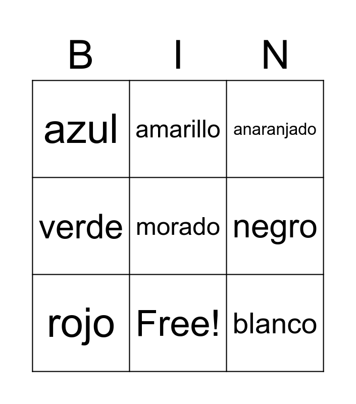 Los Colores Bingo Card