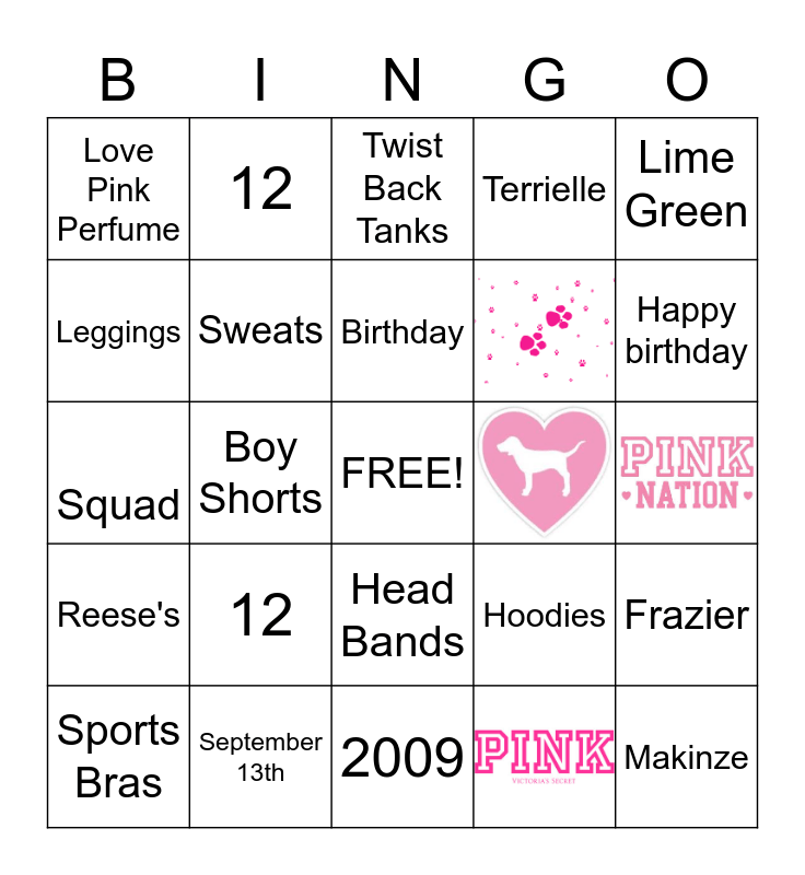 VICTORIA SECRET PINK Bingo Card