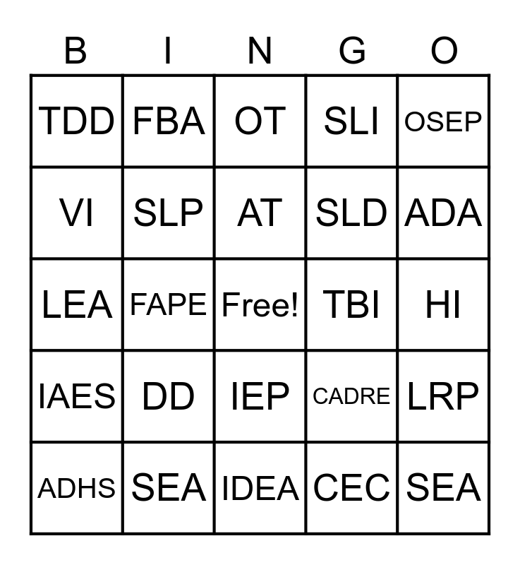 SPED Acronyms Bingo Card