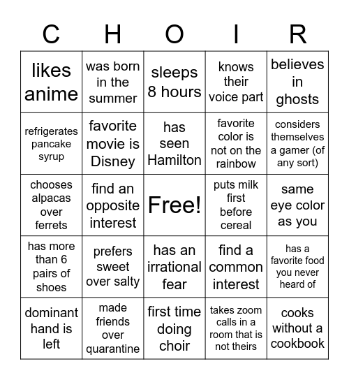 Choir Scavenger Hunt! Bingo Card