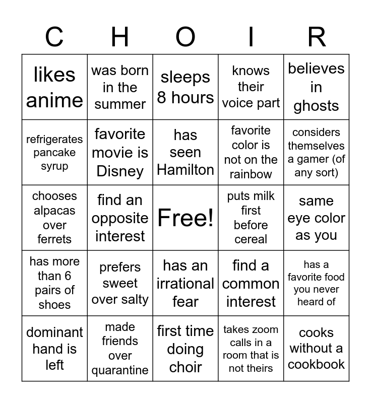 Choir Scavenger Hunt! Bingo Card