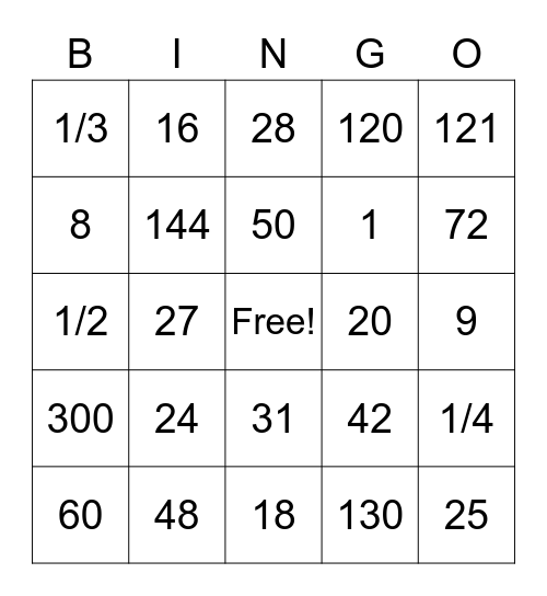 Math Facts BINGO Card