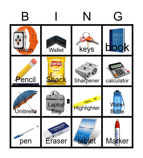 School Objects Bingo Card
