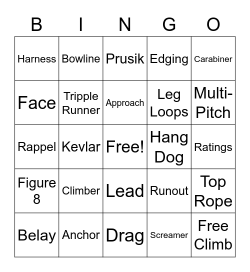 Rock Climbing Bingo Card