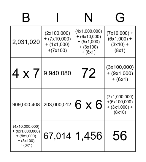 Multiplication and Expanded Form Bingo Card