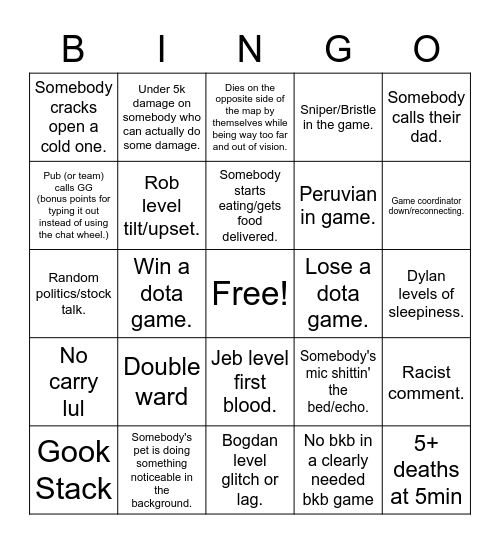 Stench Mob Bingo Card