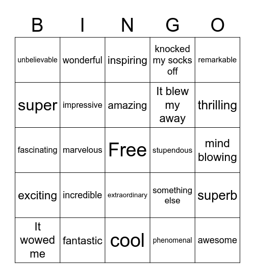 Synonyms for great Bingo Card