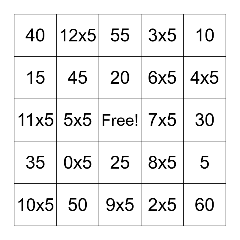 GRADE 456 - 5 Times Tables Bingo! Bingo Card
