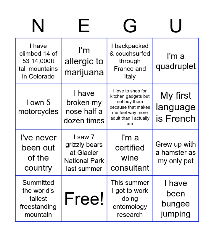 Northeast Block Bingo Card