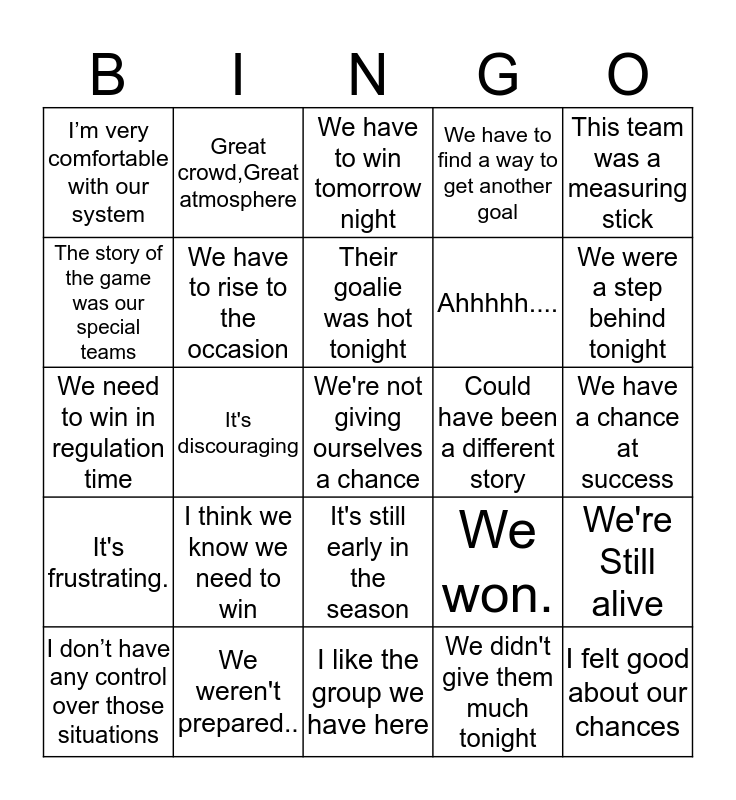 Pete DeBoer Excuses Bingo! Bingo Card