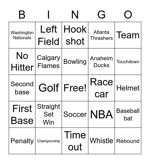 Sports Theme Bingo Card