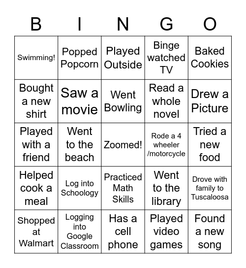 Welcome Back Bingo Card
