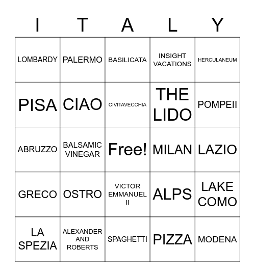 ITALY Bingo Card