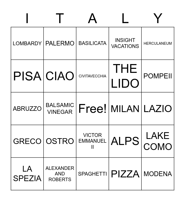 ITALY Bingo Card