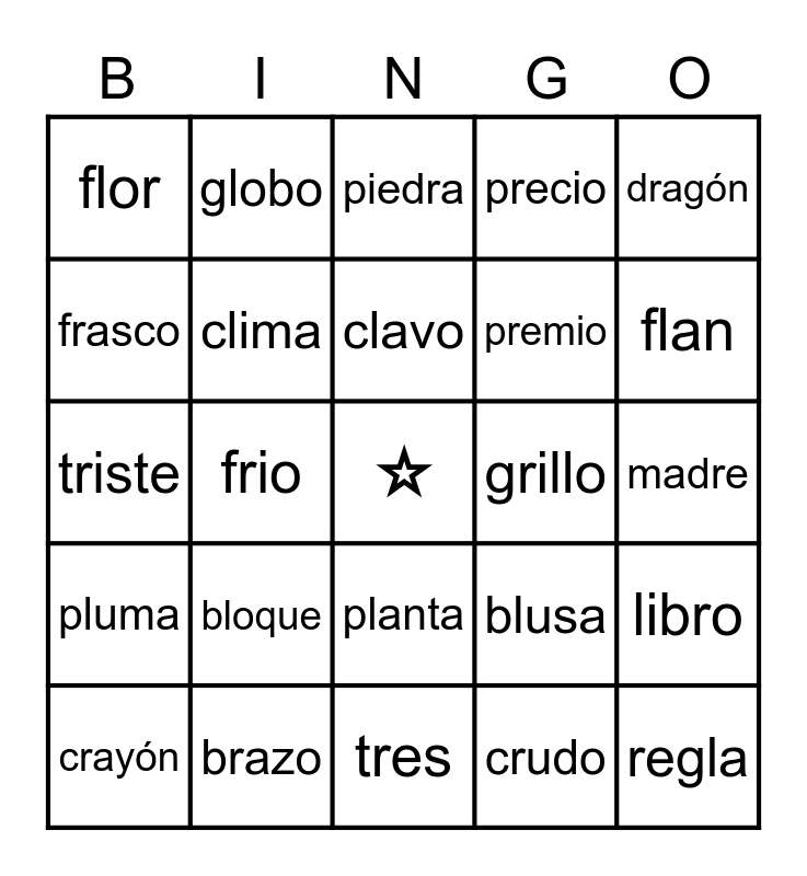 Sílabas Trabadas Bingo Card