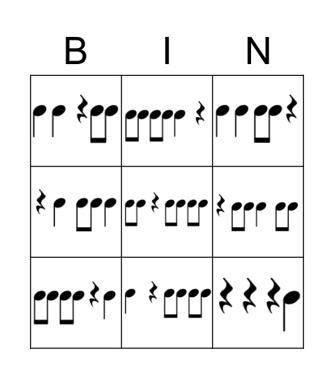 Quarter rests, Quarter notes, and Eighth notes Bingo Card