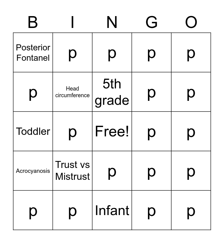 Pediatric Bingo 1 Bingo Card