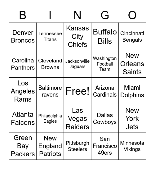 NFL BINGO Card